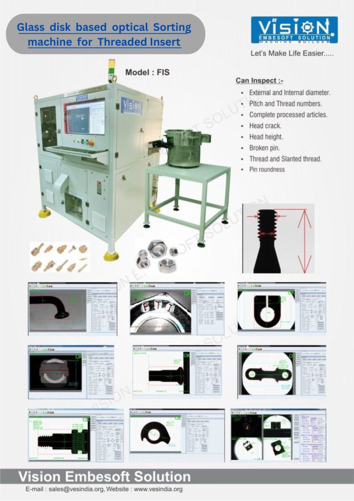 Glass disk based optical sorting machine for Threaded Insert - Machine Vision and Laser System
